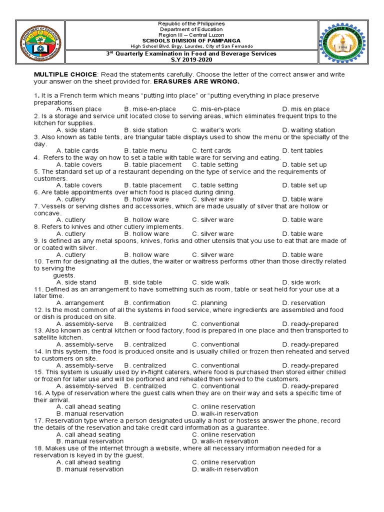 Midterm Fbs 2nd Sem 2 | PDF | Menu | Tableware