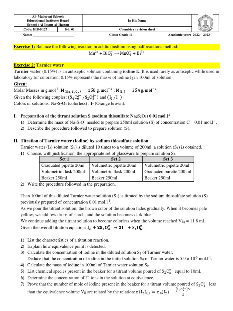 Chemistry Revision Sheet For Midterm Exam 1 - Gr11 | PDF | Titration ...