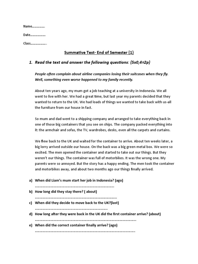 End of Semester Summative Test for Classroom Assessment - Section 1 ...