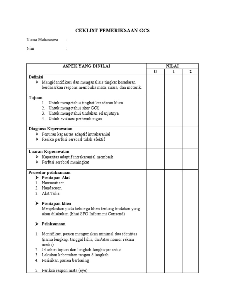 Ceklist Pemeriksaan GCS | PDF