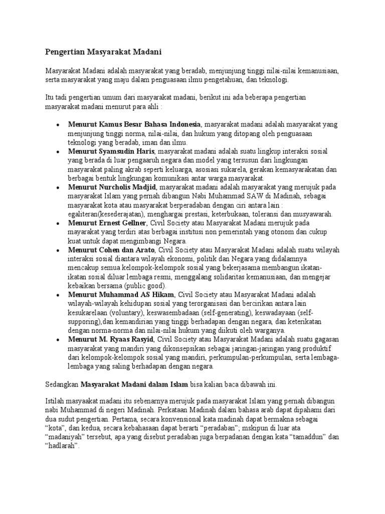Pengertian Masyarakat Madani | PDF