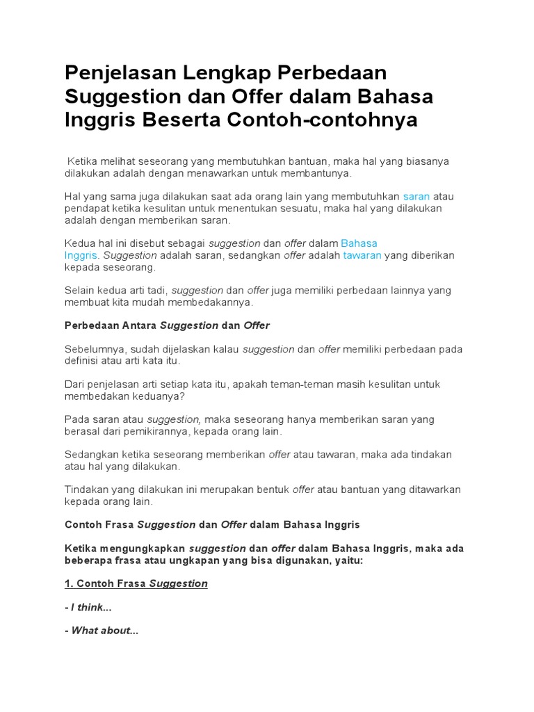 Perbedaan Suggestion Dan Offer Dalam Bahasa Inggris | PDF