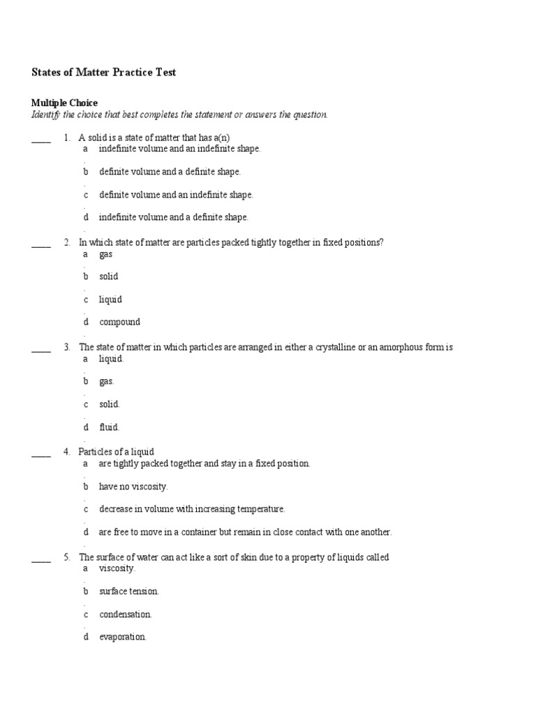 States of Matter Practice Test | PDF | Liquids | Gases