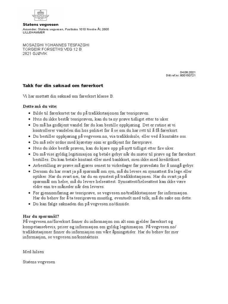 Brev Fra Statens Vegvesen | PDF