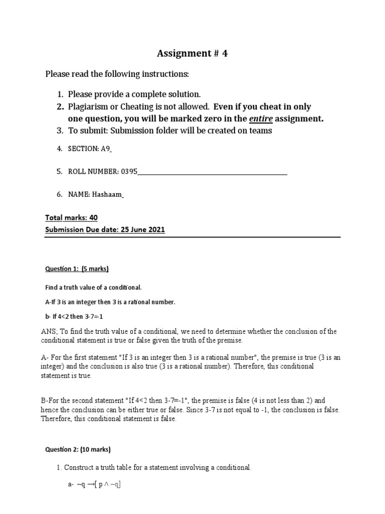 Assignment #4: Truth Tables, Conditionals, and Symbolic Logic | PDF | If And Only If | Logical ...