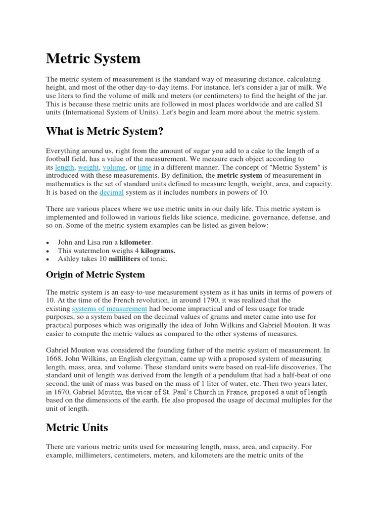 Metric System-Reading Material | PDF | International System Of Units ...