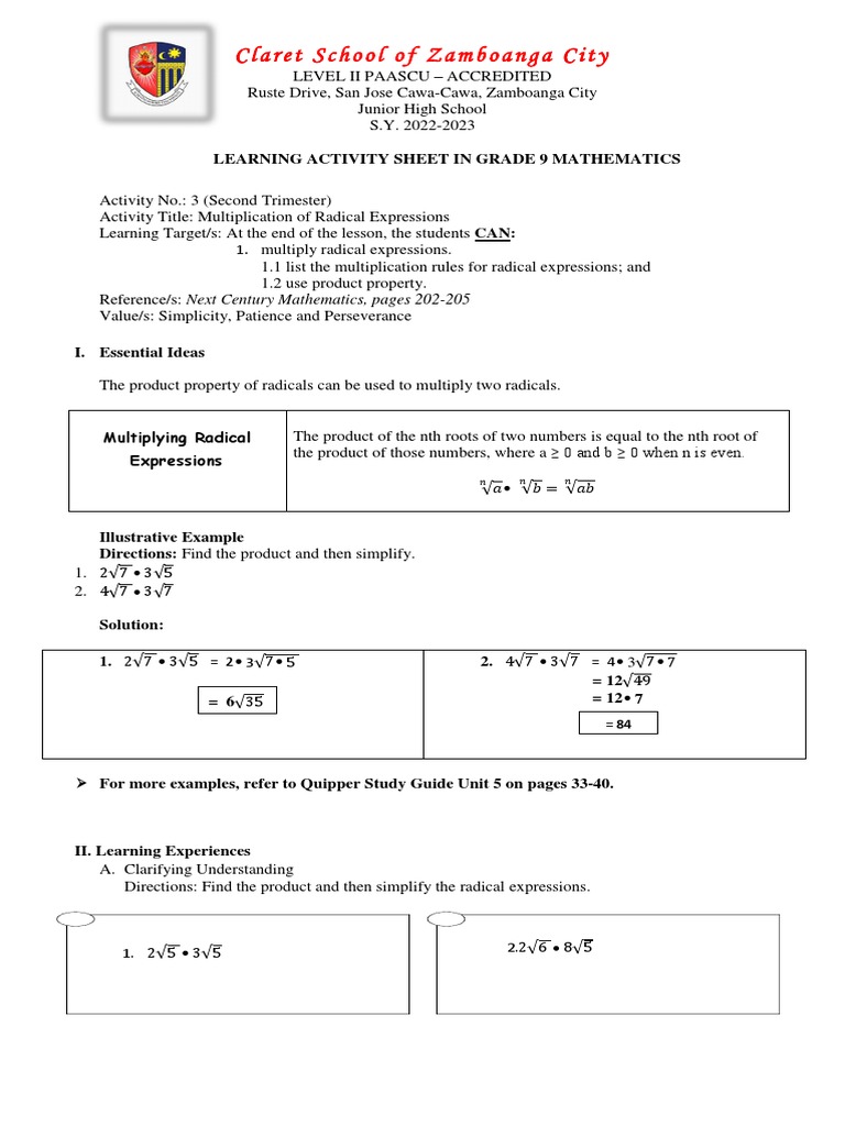 Activity 3 Multiplying Radical Expressions LAS | PDF