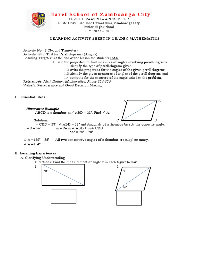 Grade 9 Math: Parallelogram Angles | PDF