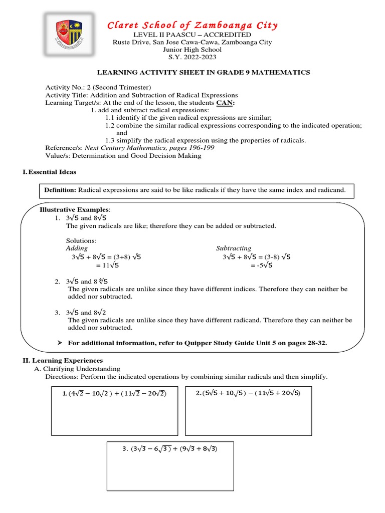 Adding and Subtracting Radicals | PDF