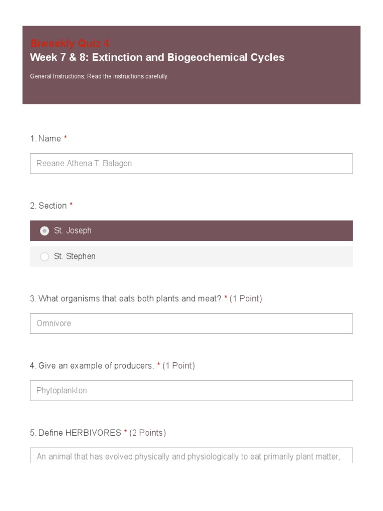 Biweekly Quiz 4 Week 7 & 8 - Extinction and Biogeochemical Cycles | PDF ...