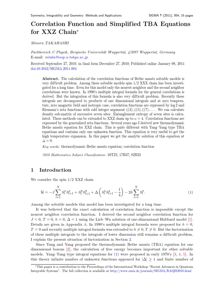 Correlation Function and Simplif Ied TBA Equations | PDF | Equations | Applied Mathematics