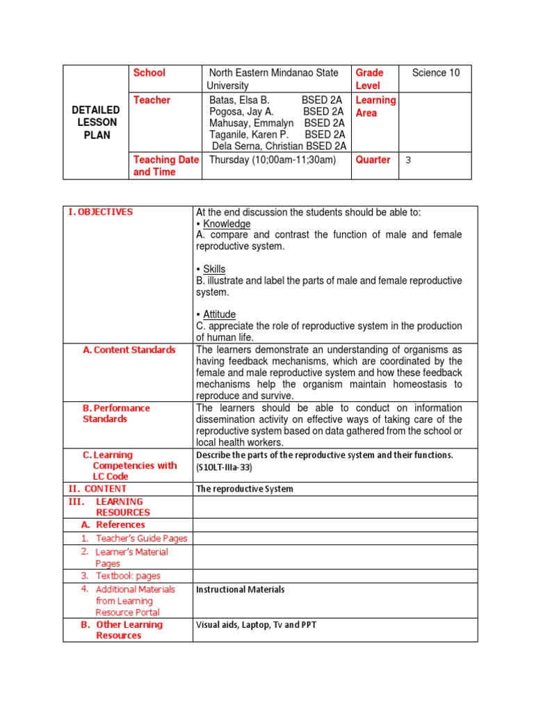 DETAILED LESSON PLAN Reproductive System | PDF | Reproductive System ...