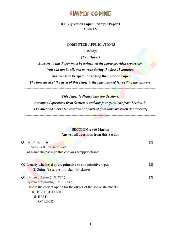 ICSE Class 9 Sample Paper 1 | PDF | Computer Programming | Software Engineering