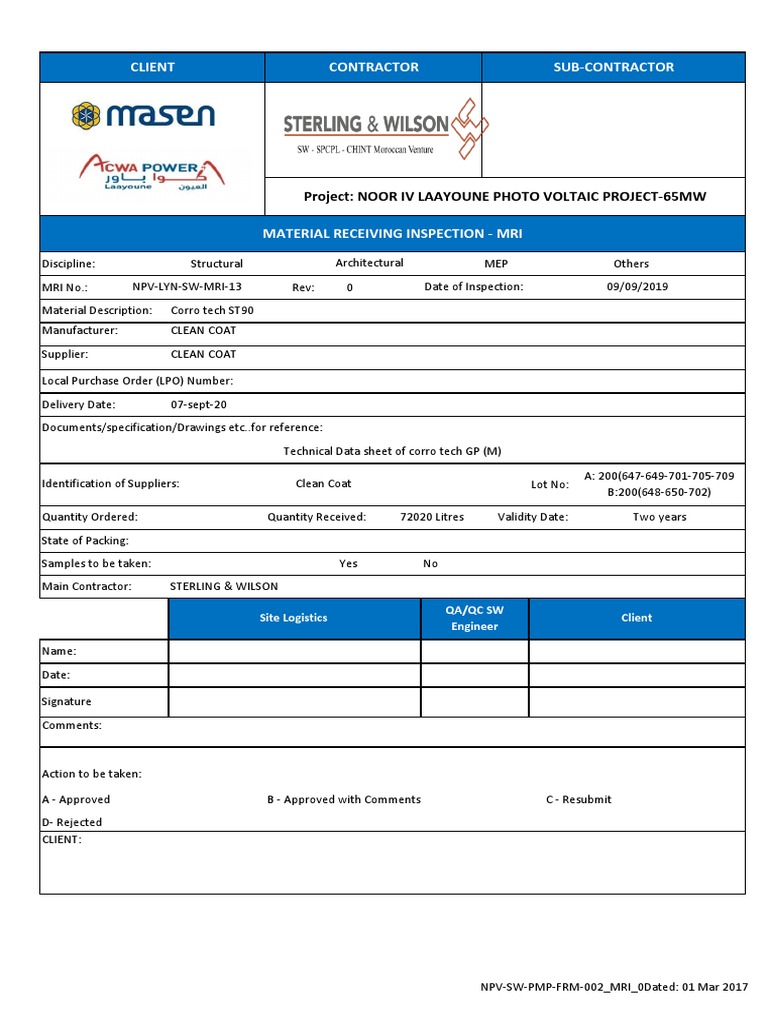 Material Receiving Inspection - Mri Corro Tech St90 | PDF