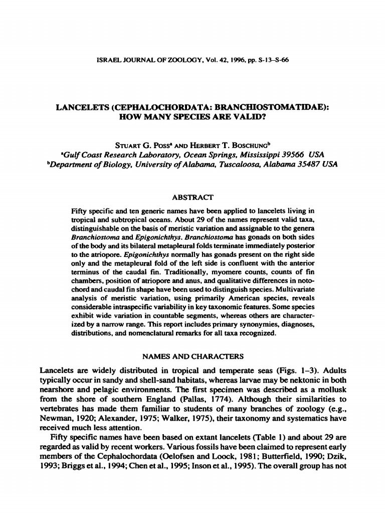 Poss & Boschung 1996 Lancelets Valid Species | PDF | Principal ...