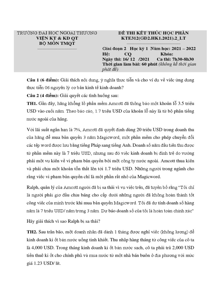 Đề thi kết thúc học phần KTKD KTE312GĐ2.HK1.2021.2 - LT Thi 7h30 ngày 16.12.2021 | PDF