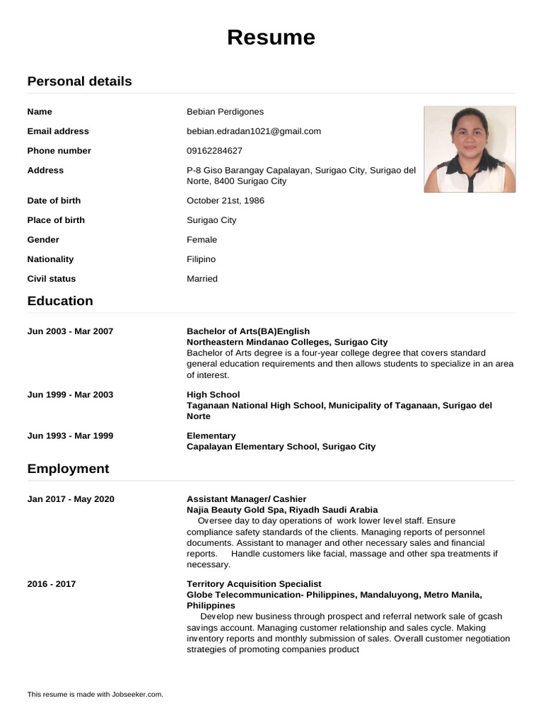 Resume: Personal Details | PDF | Philippines