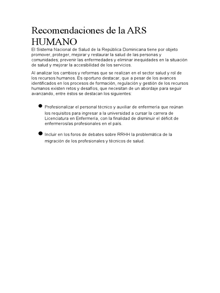 Recomendación de La ARS HUMANO | PDF | Negocios | Salud y bienestar