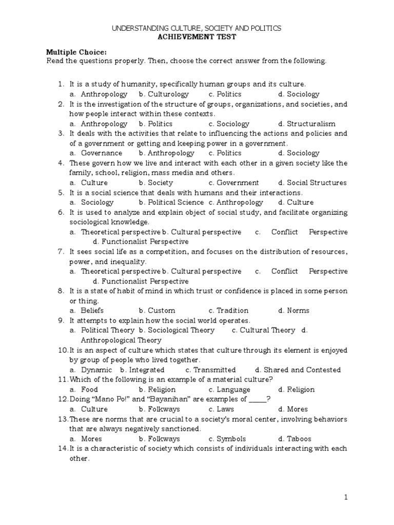 Grade 11 Regional Achievement Test | PDF | Sociology | Society