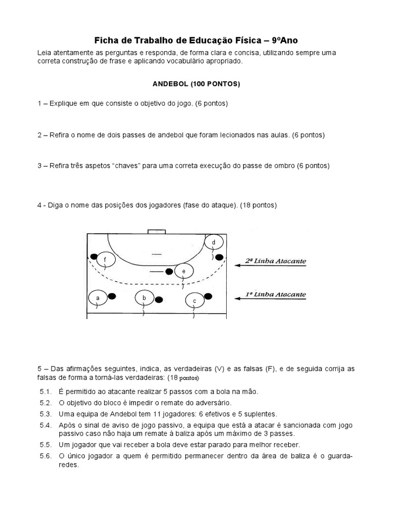Ficha de Trabalho EF 9º Ano Andebol | PDF
