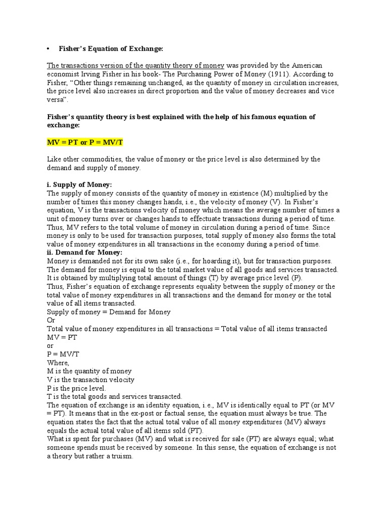 Fisher' Equation of Exchange | PDF | Quantity Theory Of Money | Money ...