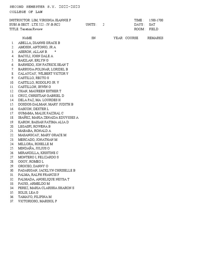 Atty. Reyes Class List in Commercial Law Review B Refresher 2nd Sem SY ...