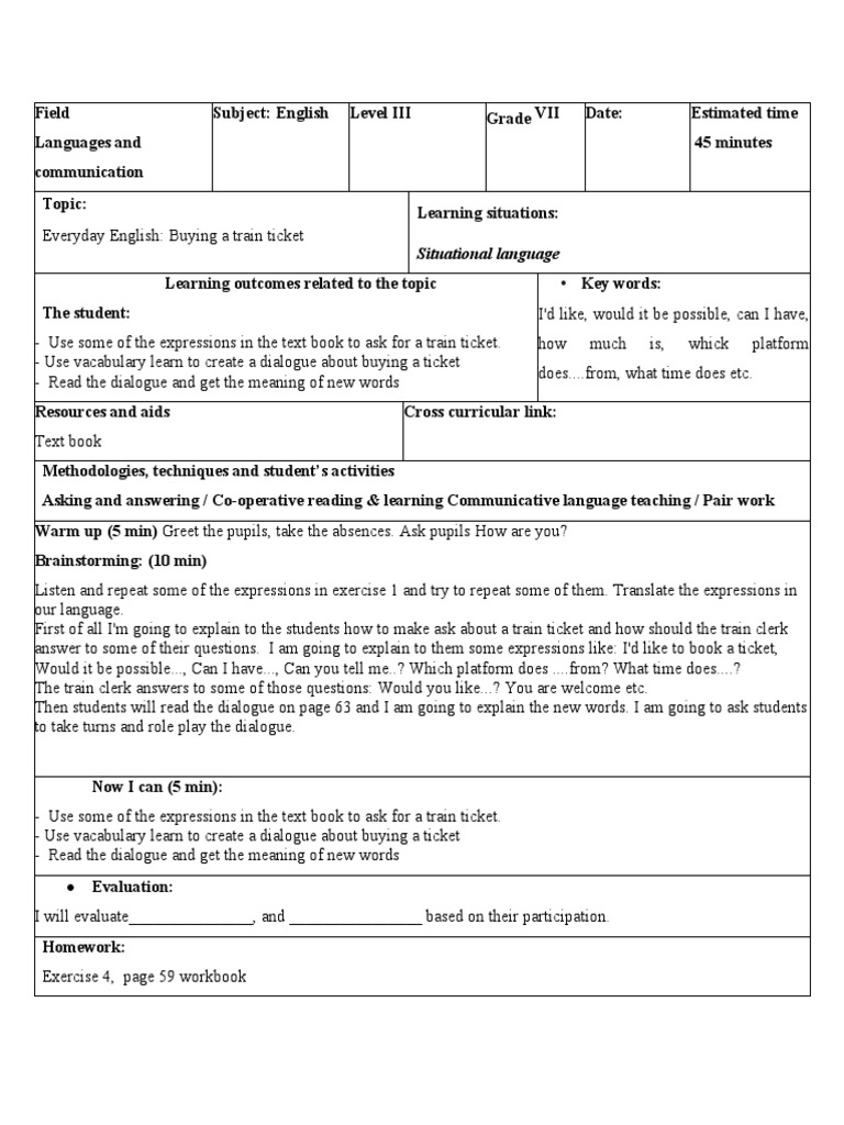 Buying a Train Ticket: Lesson Plan | PDF | Language Arts & Discipline ...