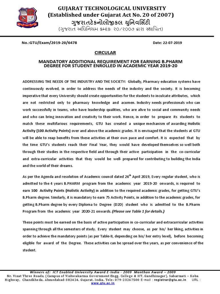 Mandatory Additional Requirement For Earning B.pharm. Degree-W-2019-18 ...