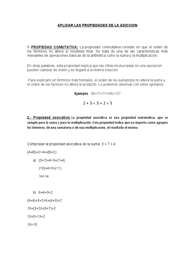 Matematica Aplicar Las Propiedades de La Adicion | PDF | Multiplicación ...