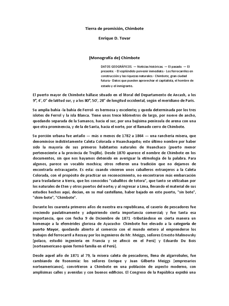 Tierra de Promision CHIMBOTE - Tovar | PDF | Perú | Lima