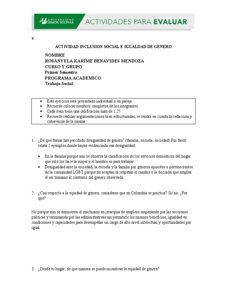Actividad Inclusion Social e Igualdad de Genero | PDF | Estudios de ...