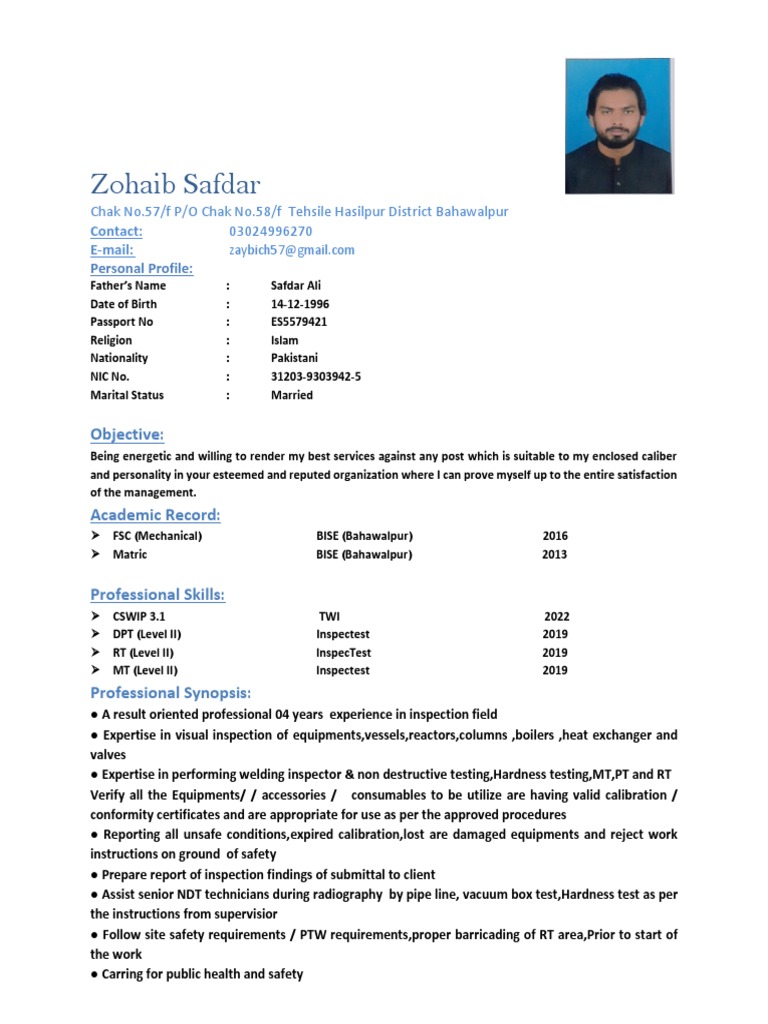 Zohaib Safdar Welding & NDT CV-1 | PDF | Nondestructive Testing ...