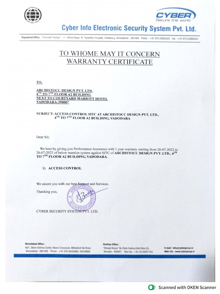 Access Control System Warranty Certificate For Archistocc Design Baroda ...