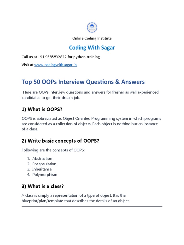 50+ OOP Interview Questions | PDF | Method (Computer Programming) | Inheritance (Object Oriented ...
