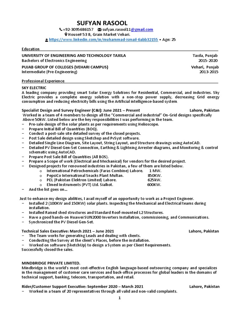 M Ismail Resume-1 | Download Free PDF | Outsourcing | Solar Power