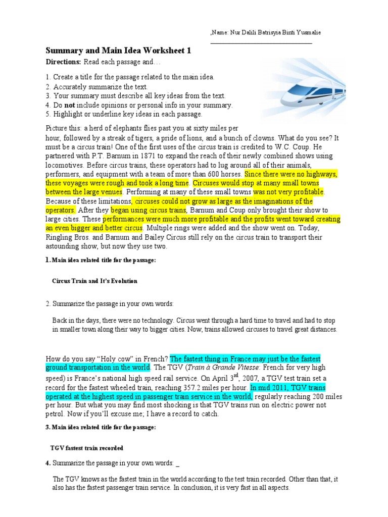 Summary and Main Idea Worksheet 1 | PDF | Train | Circus