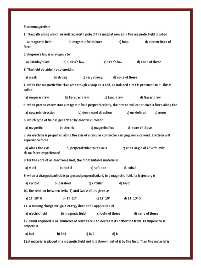 Electromagnetism MCQ | PDF | Inductor | Electromagnetic Induction