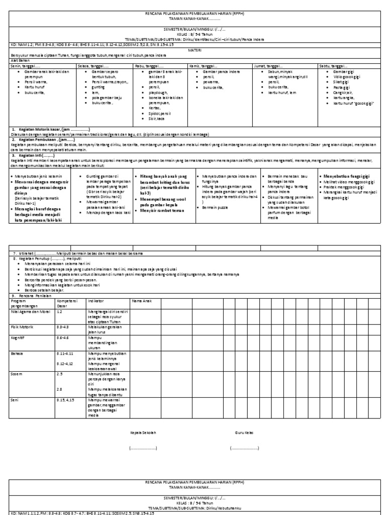 RPPH Taman Kanak-Kanak: Tema Diriku | PDF