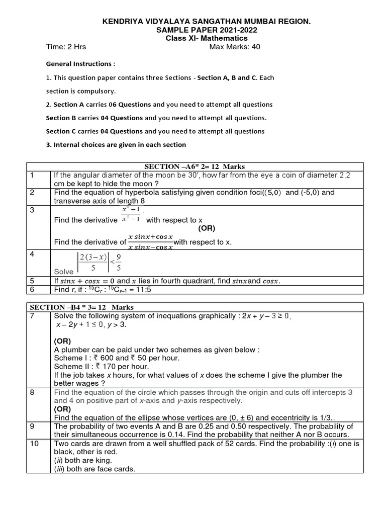 Analysis of a Mathematics Sample Paper for Class XI with Sections on Algebra, Geometry ...