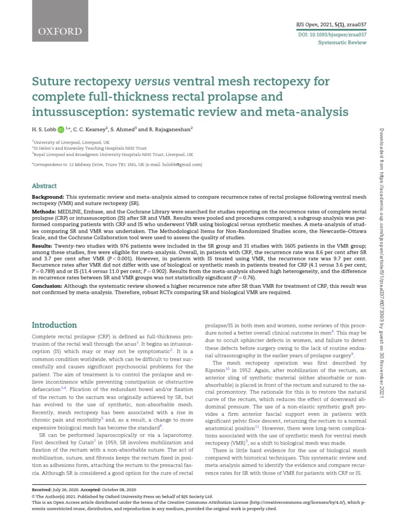 Suture Rectopexy Versus Ventral Mesh Rectopexy Prolapse Rectal Pdf Medical Specialties