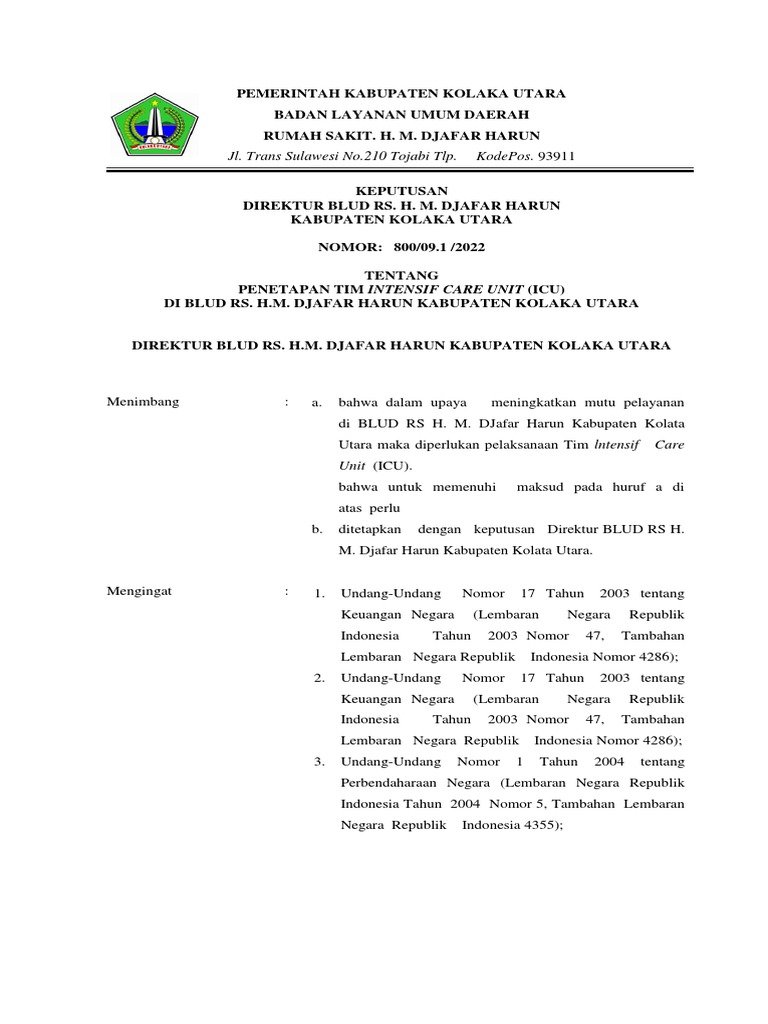 Penetapan Tim ICU RS H. M. Djafar Harun | PDF