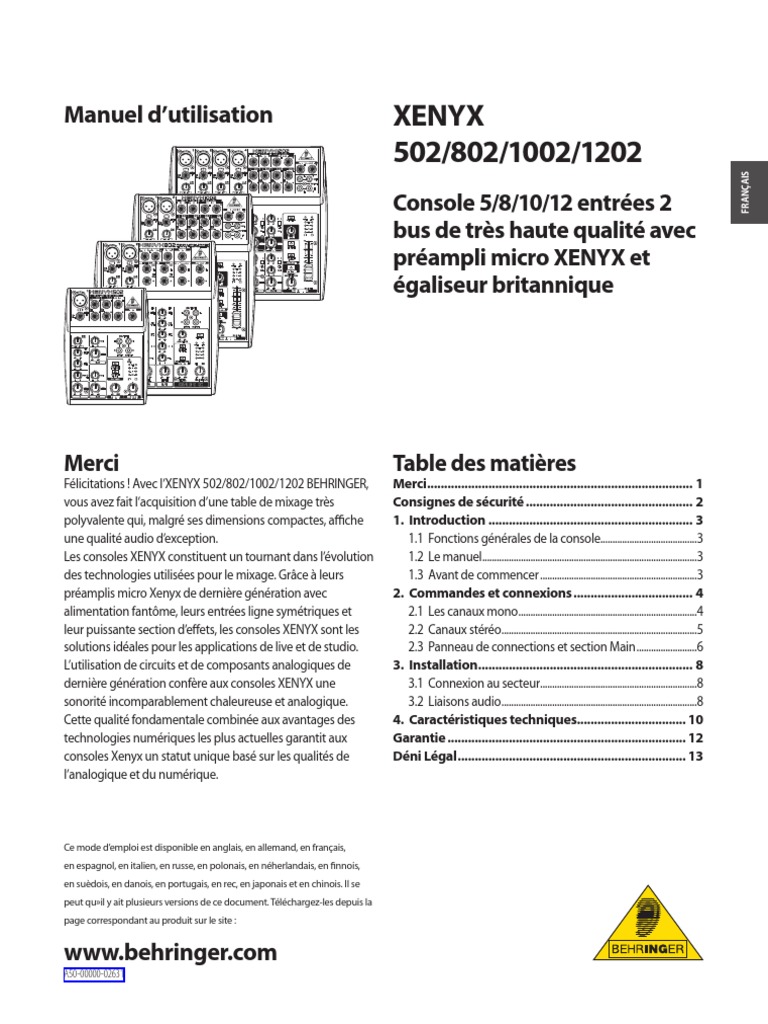 Notice Xenyx 502 | PDF | Égaliseur (Audio) | Microphone