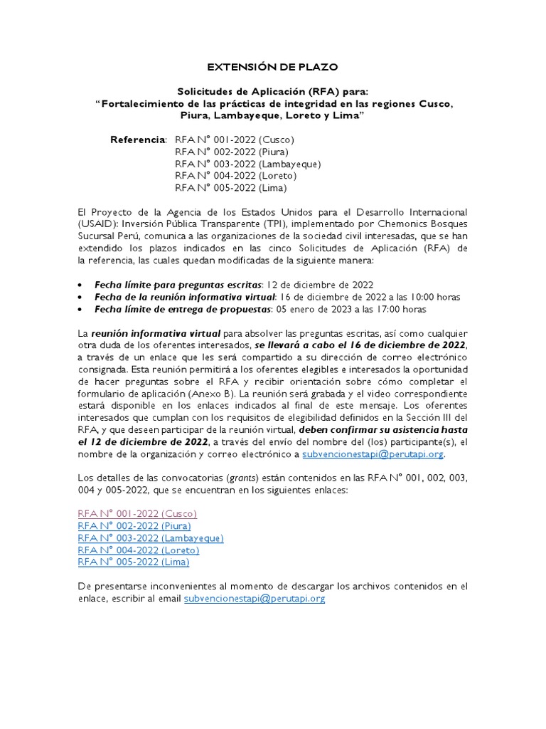 Extensión Plazo RFA 001,002,003,004,005-2022 | PDF