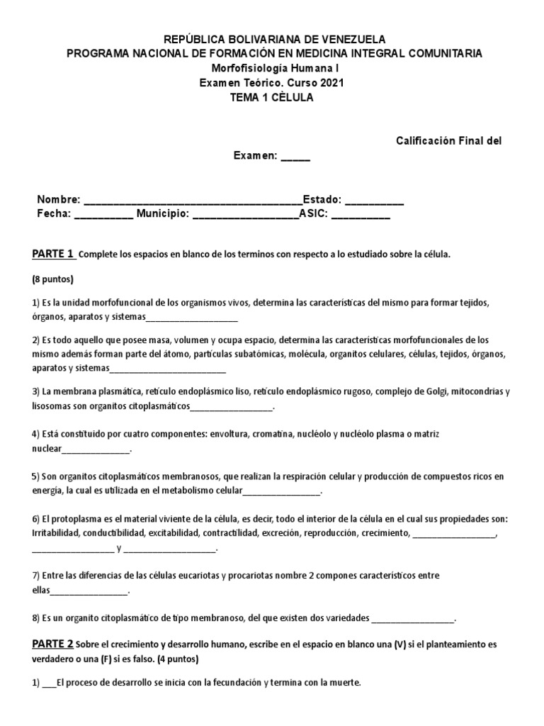 Examen Celula 1er Año | PDF | Biología Celular) | Citoplasma