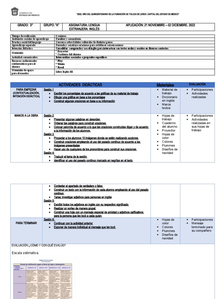 Planeacion Ingles Noviembre 2 | PDF | Aprendizaje | Lingüística