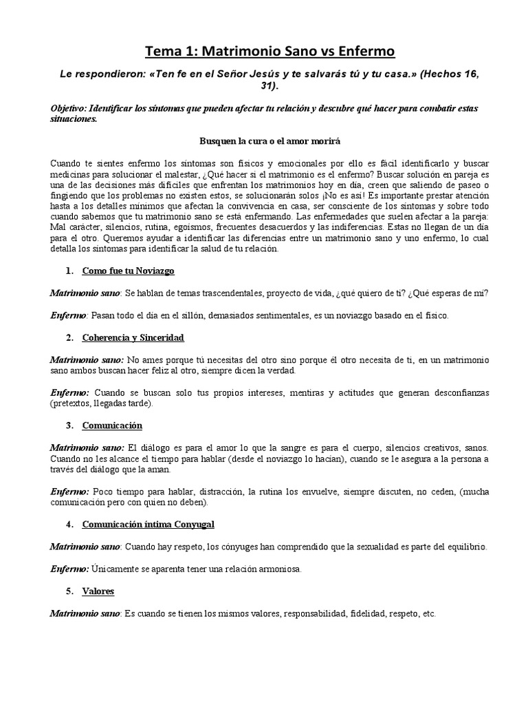 Resumen 1 - Matrimonio Sano VS Matrimonio Enfermo | PDF | Matrimonio