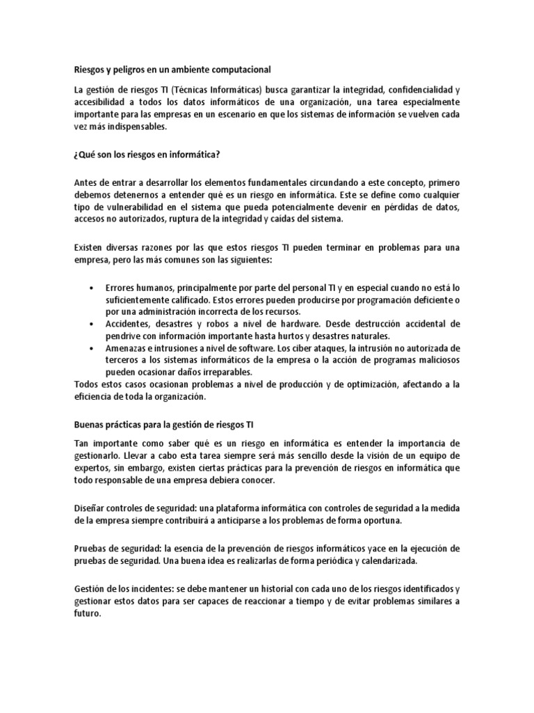 Riesgos y Peligros en Un Ambiente Computacional 28123 | PDF | Software | Informática