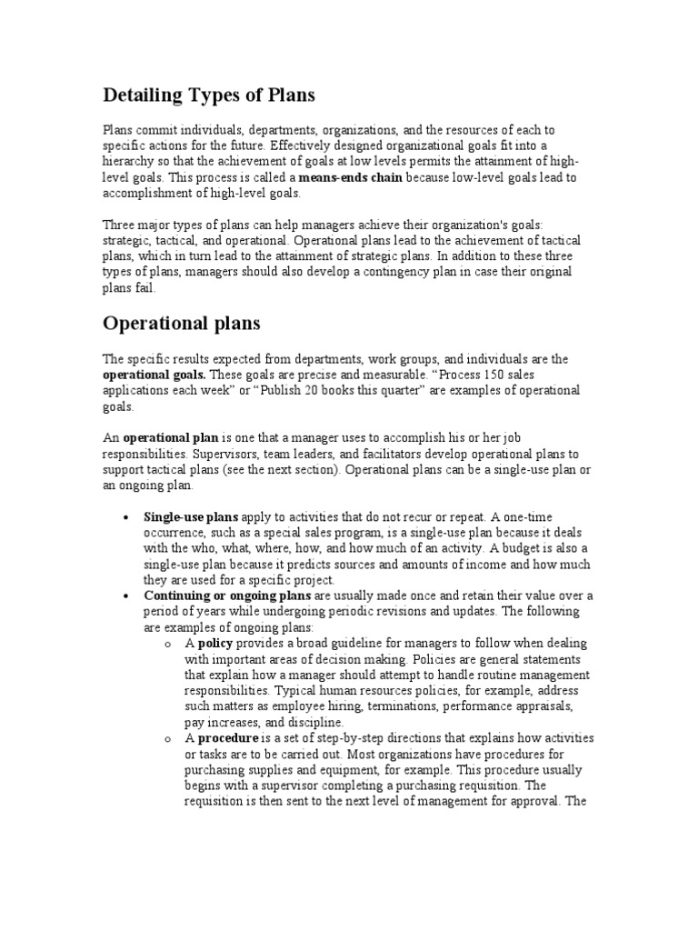 Detailing Types of Plans | PDF | Goal | Strategic Planning