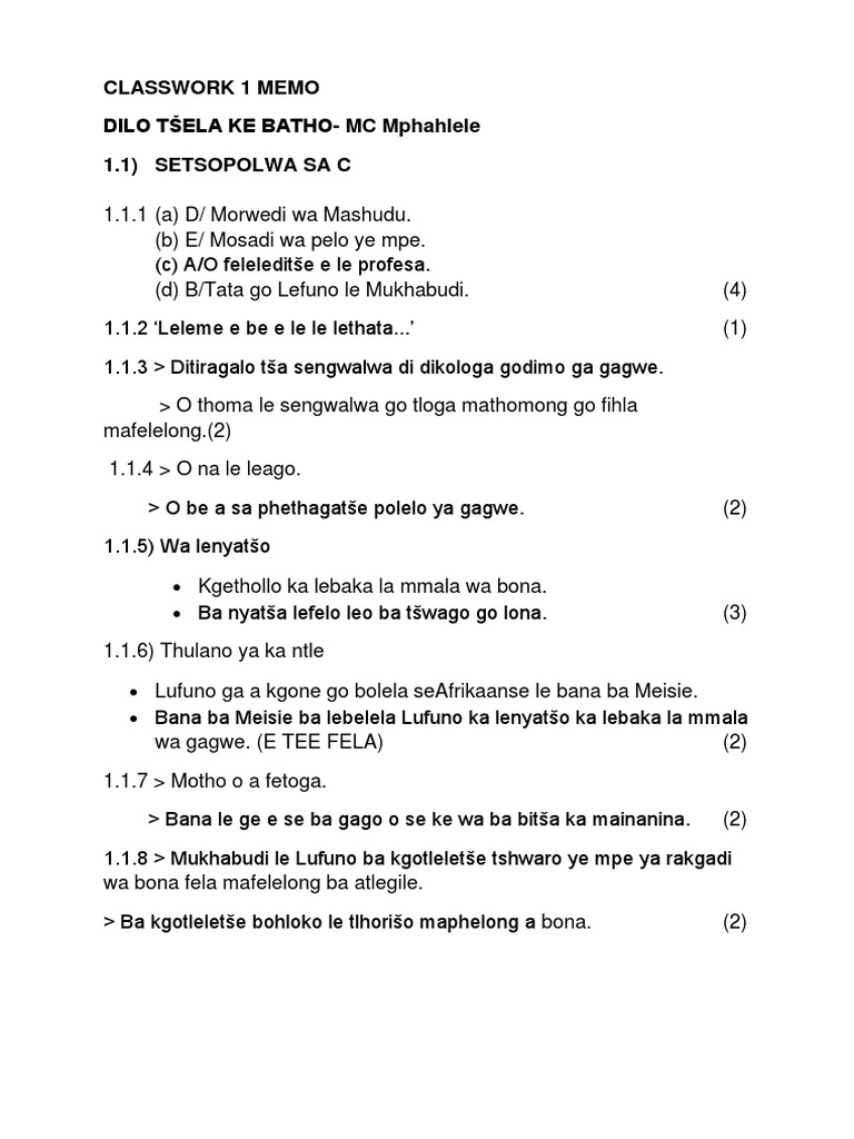 Dilo Tšela Ke Batho CLASSWORK 1 MEMO | PDF