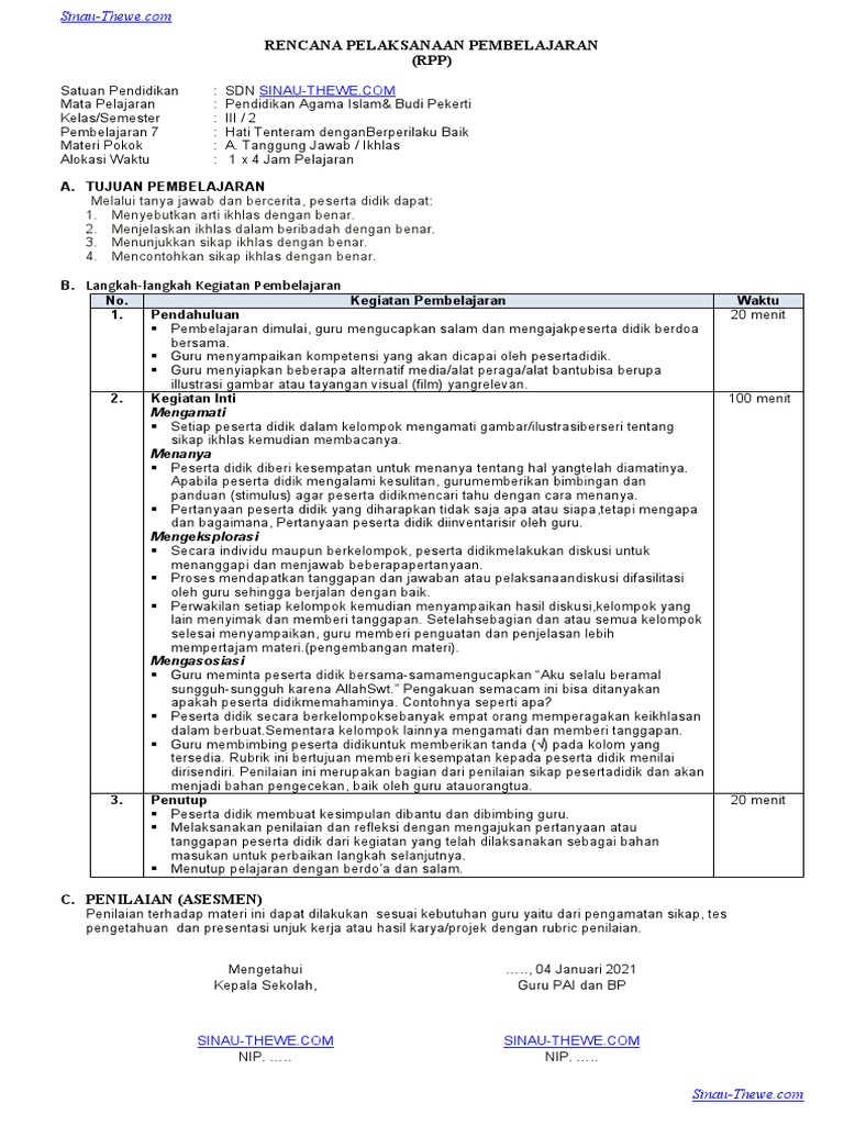 RPP Pai 1 Lembar Kelas 3 SM 2 k13 | PDF | Karier & Perkembangan